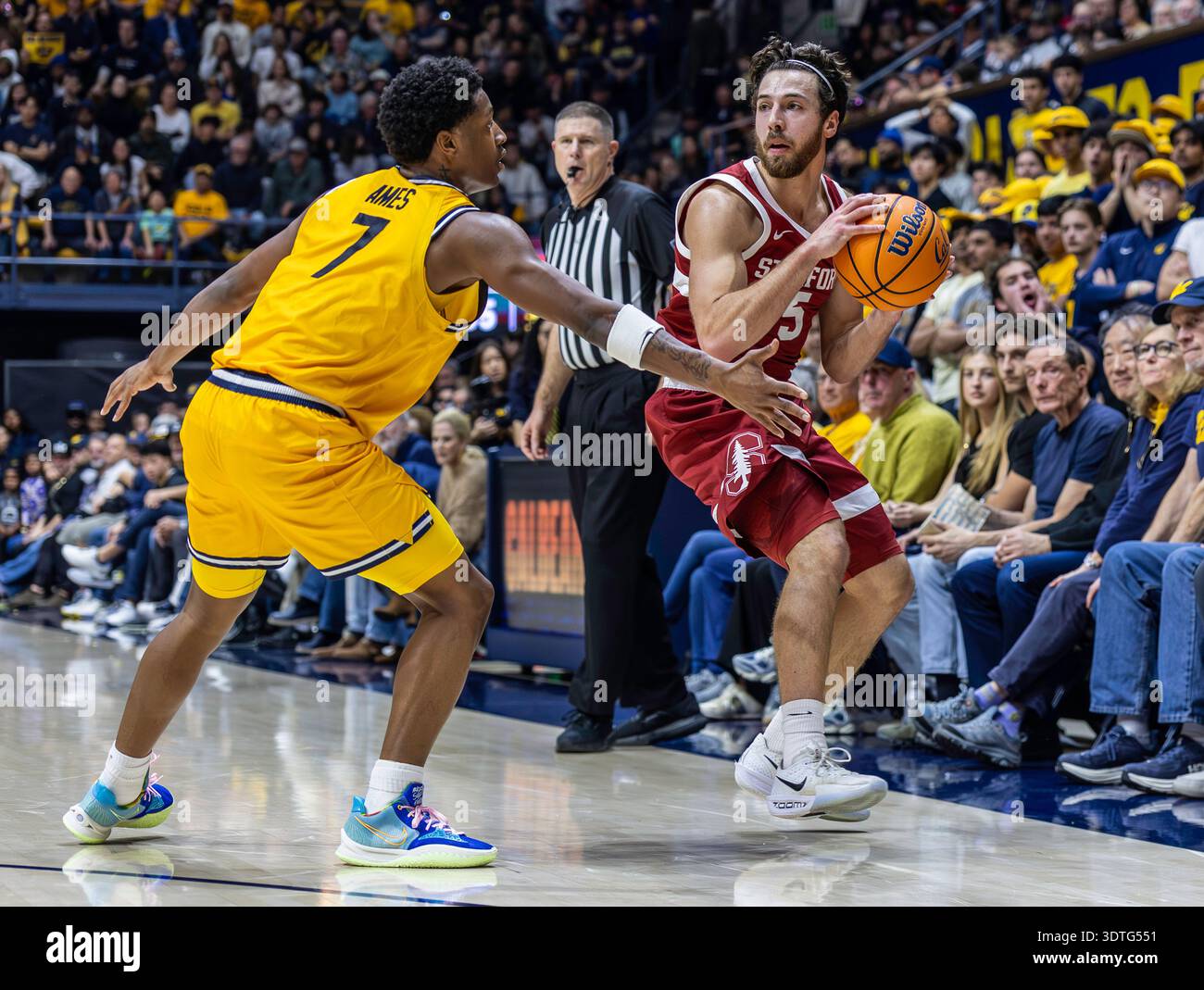 February 21 2026 Stanford guard Benny Gealer (5)looks to pass the ball ...
