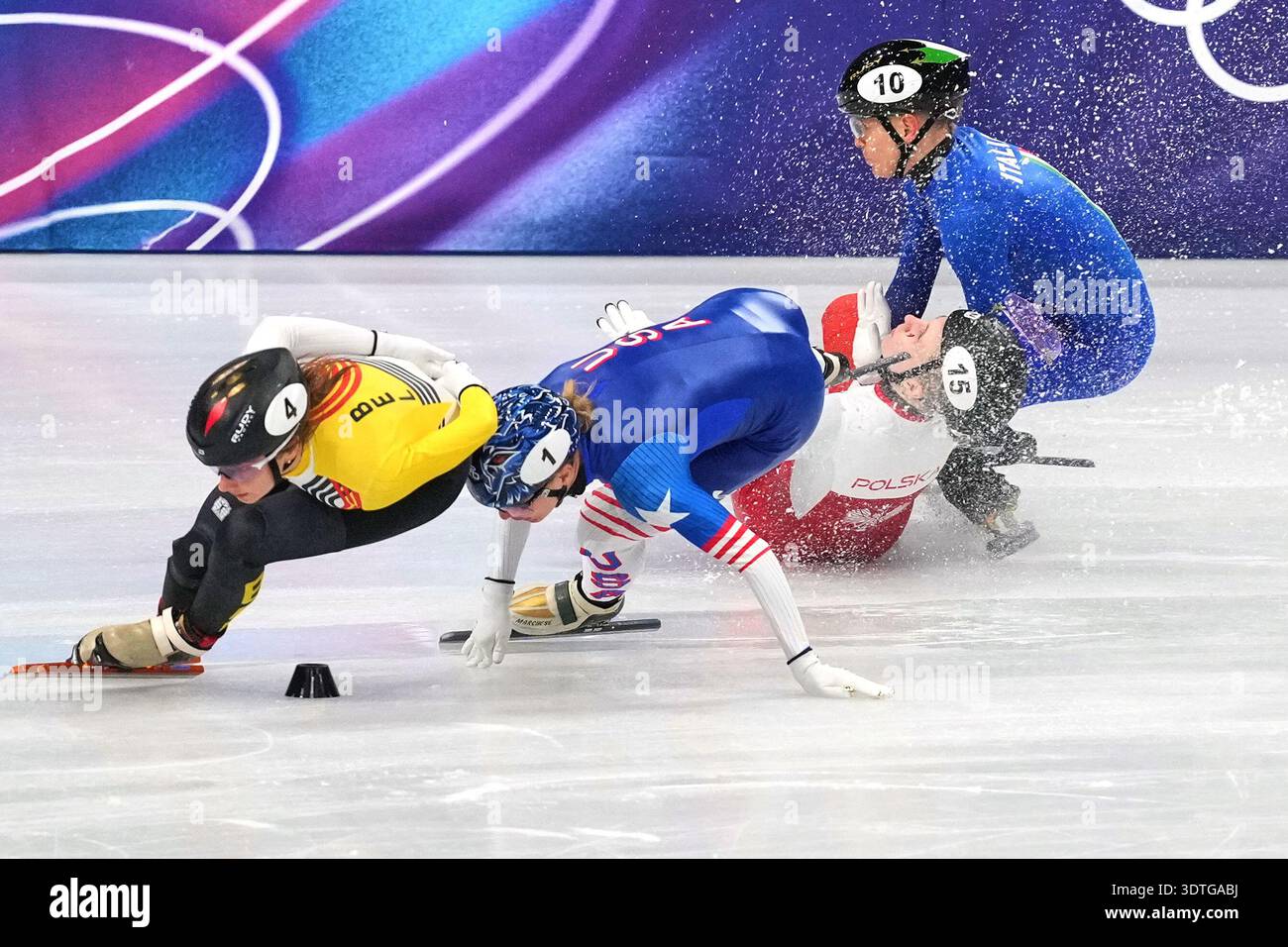 Kamila Sellier of Poland falls during a short track speed skating women ...
