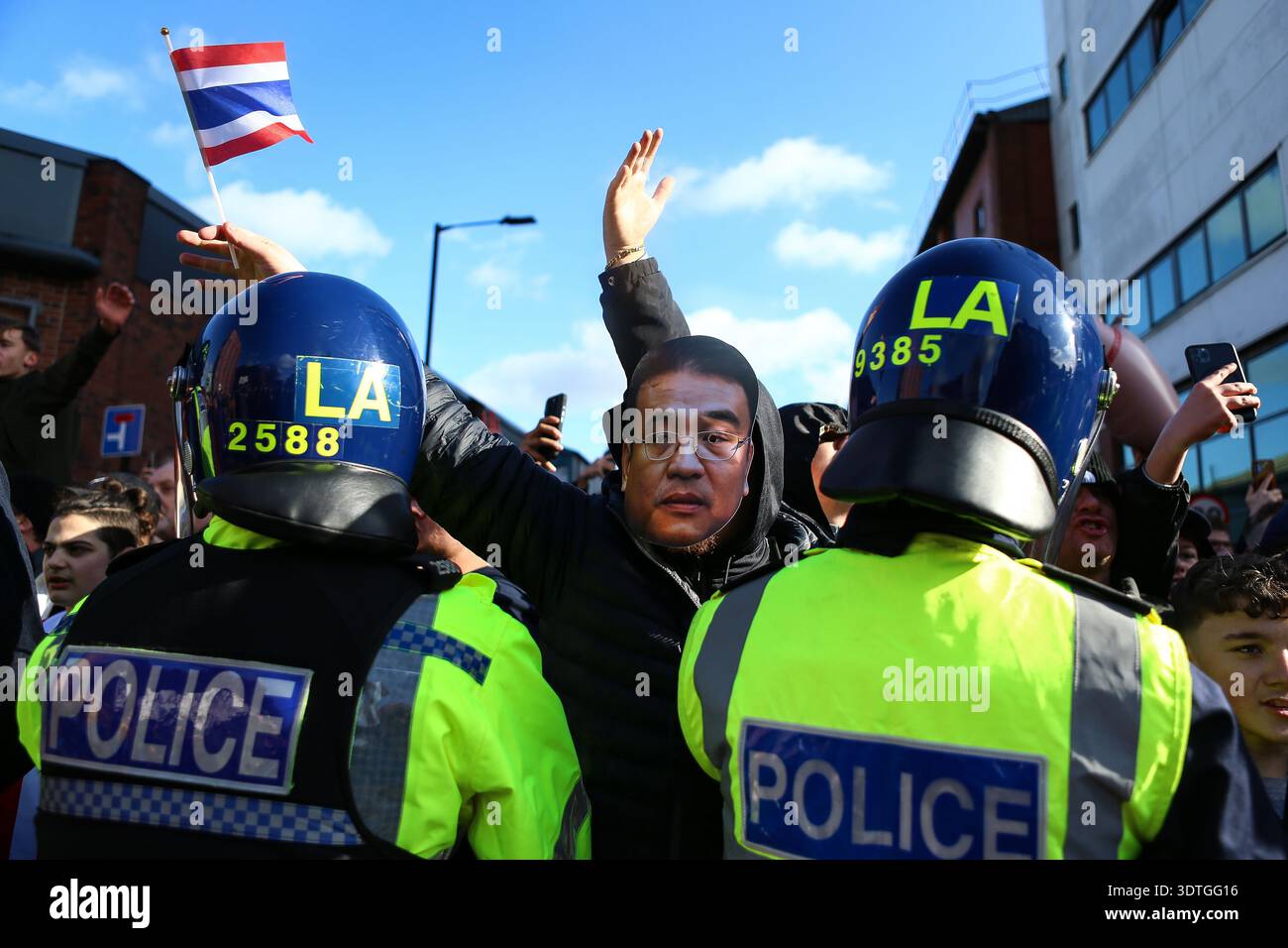 A Sheffield United fan wears a Dejphon Chansiri mask prior to the Sky ...