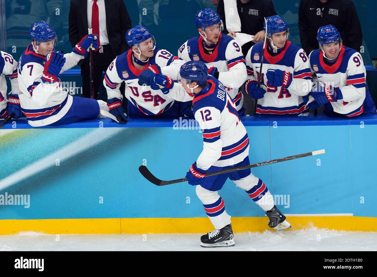 United States' Matt Boldy (12) celebrates after scoring a goal against ...