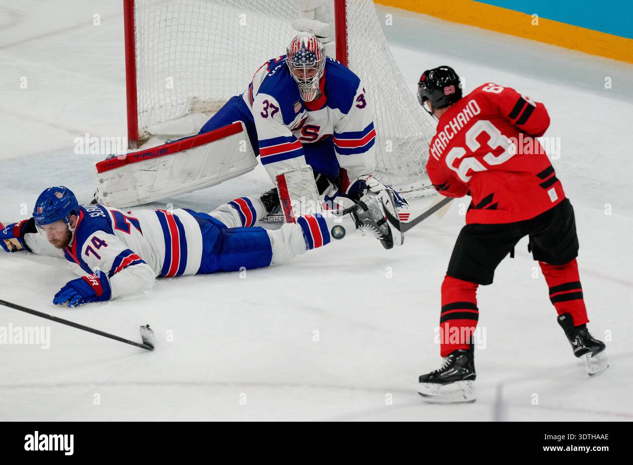 Canada's Brad Marchand (63) takes a shot on goal against United States ...