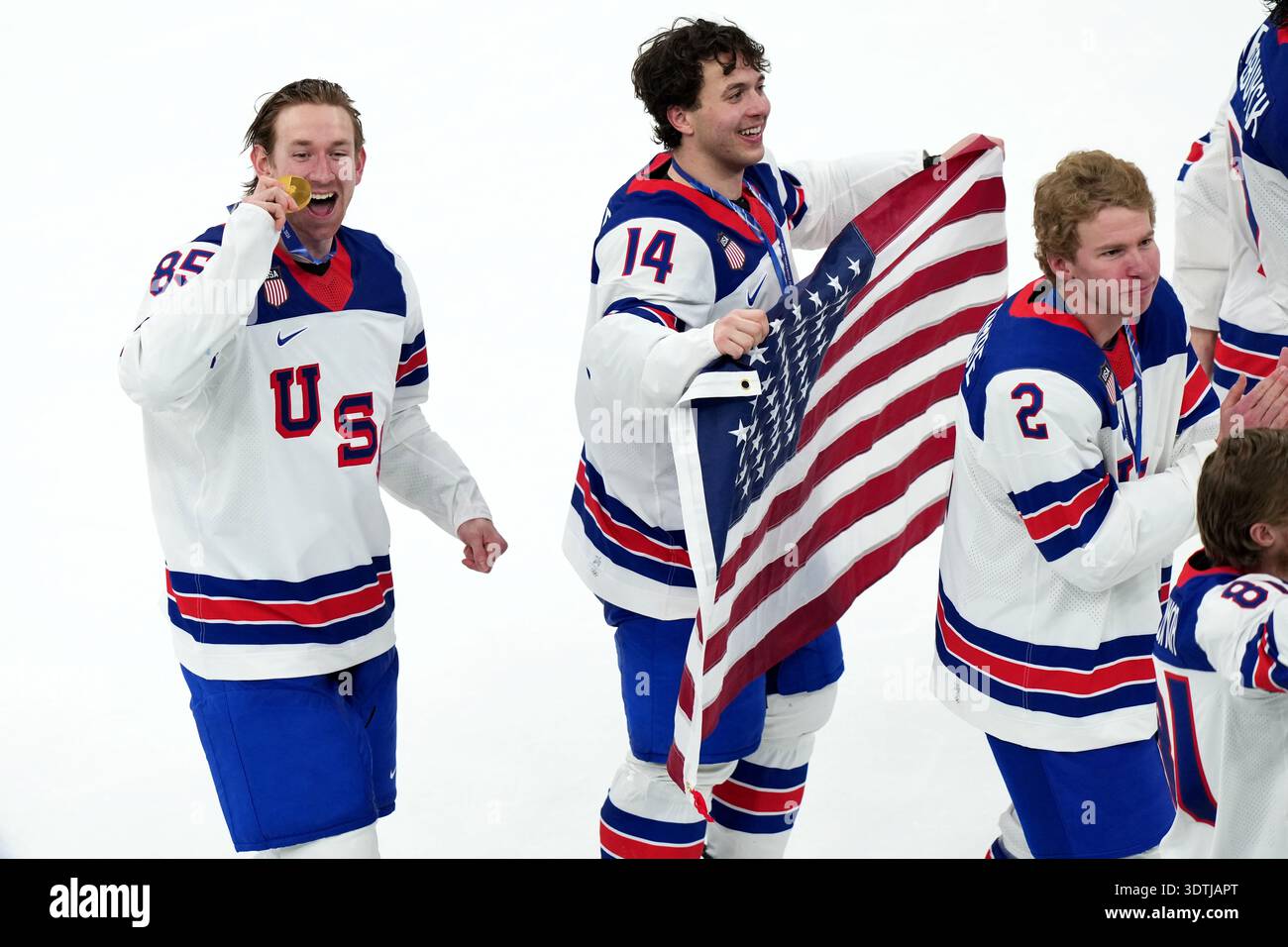 United States' Jake Sanderson (85), Brock Faber (14) and Jackson ...
