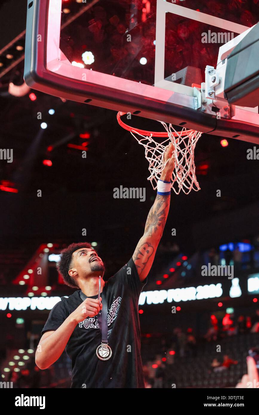 Demarcus Demonia (BMA365 Bamberg Baskets, #08) cuts the net from the ...