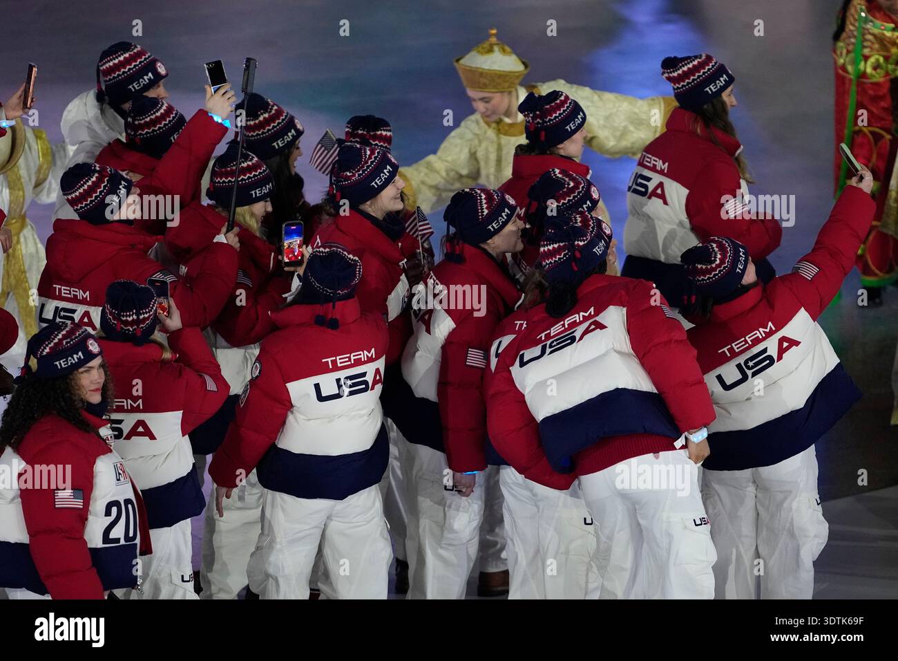United States' athletes take a selfie during the closing ceremony of ...