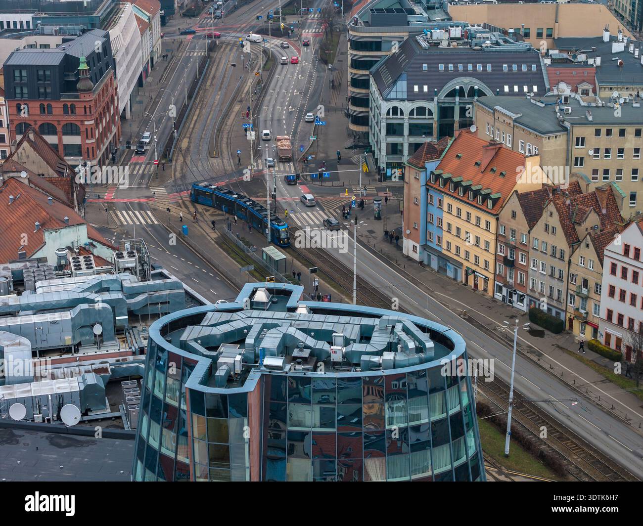 Aerial daytime view of central Wroclaw tram junction and modern hub ...