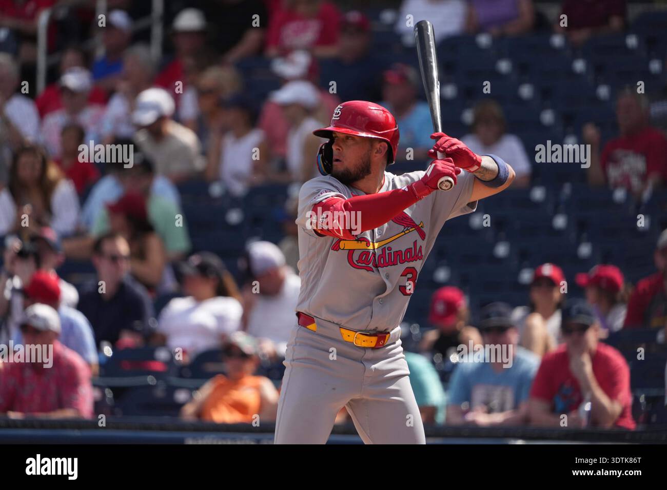 St. Louis Cardinals' César Prieto bats during a spring training ...