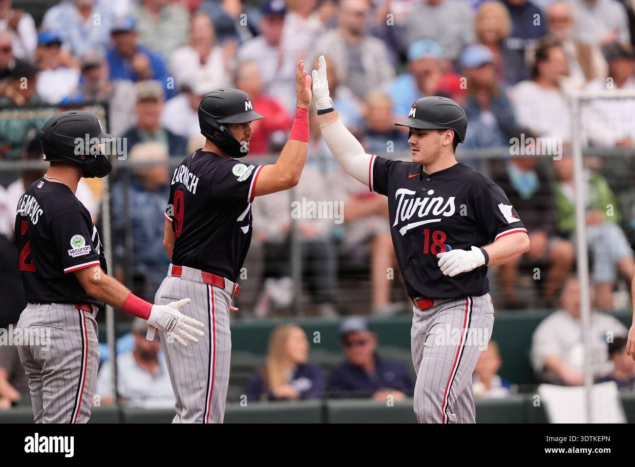 Minnesota Twins Alan Roden celebrates with Trevor Larnach (9) and Kody ...