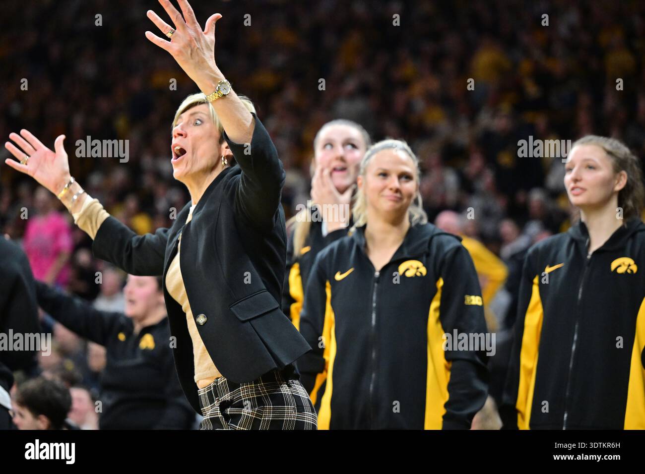 IOWA CITY, IA - FEBRUARY 22: Iowa head coach Jan Jensen reacts after a ...