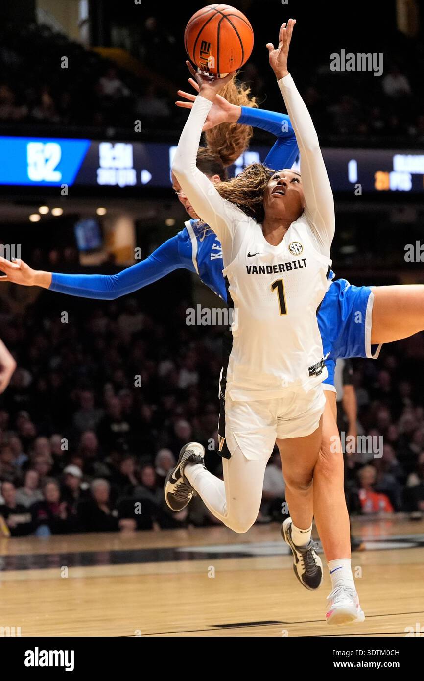 Vanderbilt guard Mikayla Blakes (1) is fouled as she shoots the ball ...