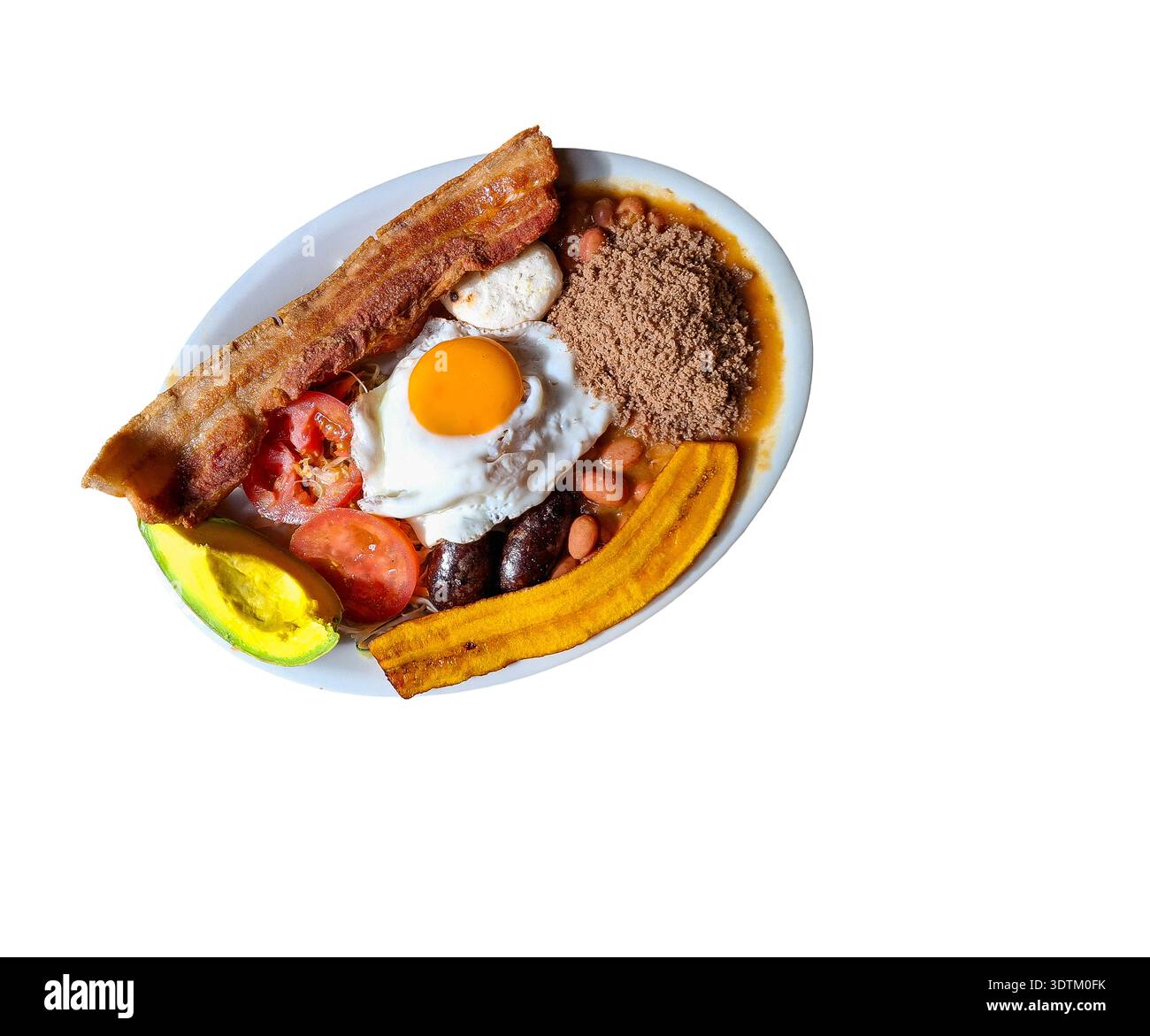Traditional Colombian bandeja paisa isolated on a white background with ...
