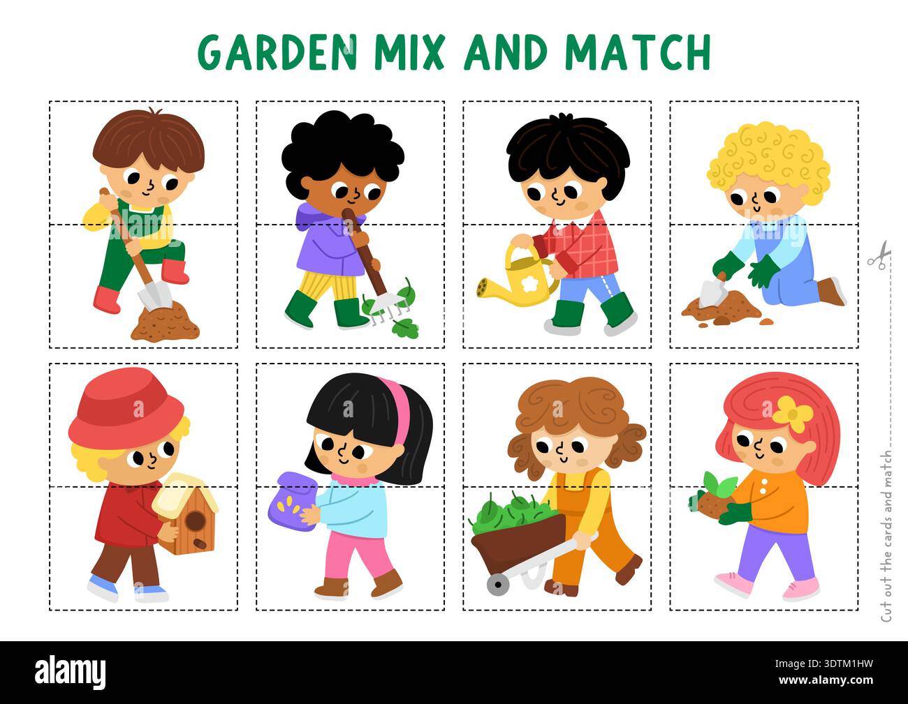 Vector garden mix and match puzzle. Matching activity for preschool ...