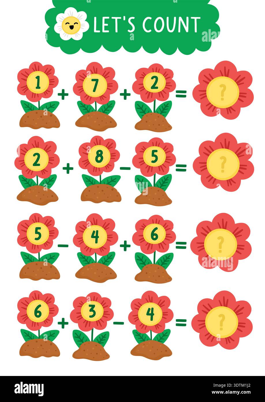 Simple garden math game with numbers in flowers. Spring rural country ...