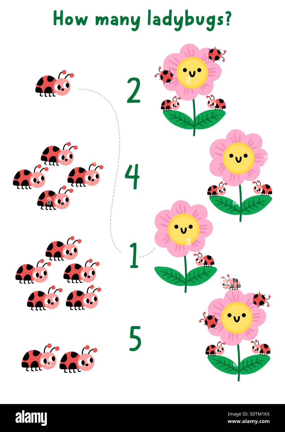 Match the numbers simple garden game with flower and ladybugs. Spring ...