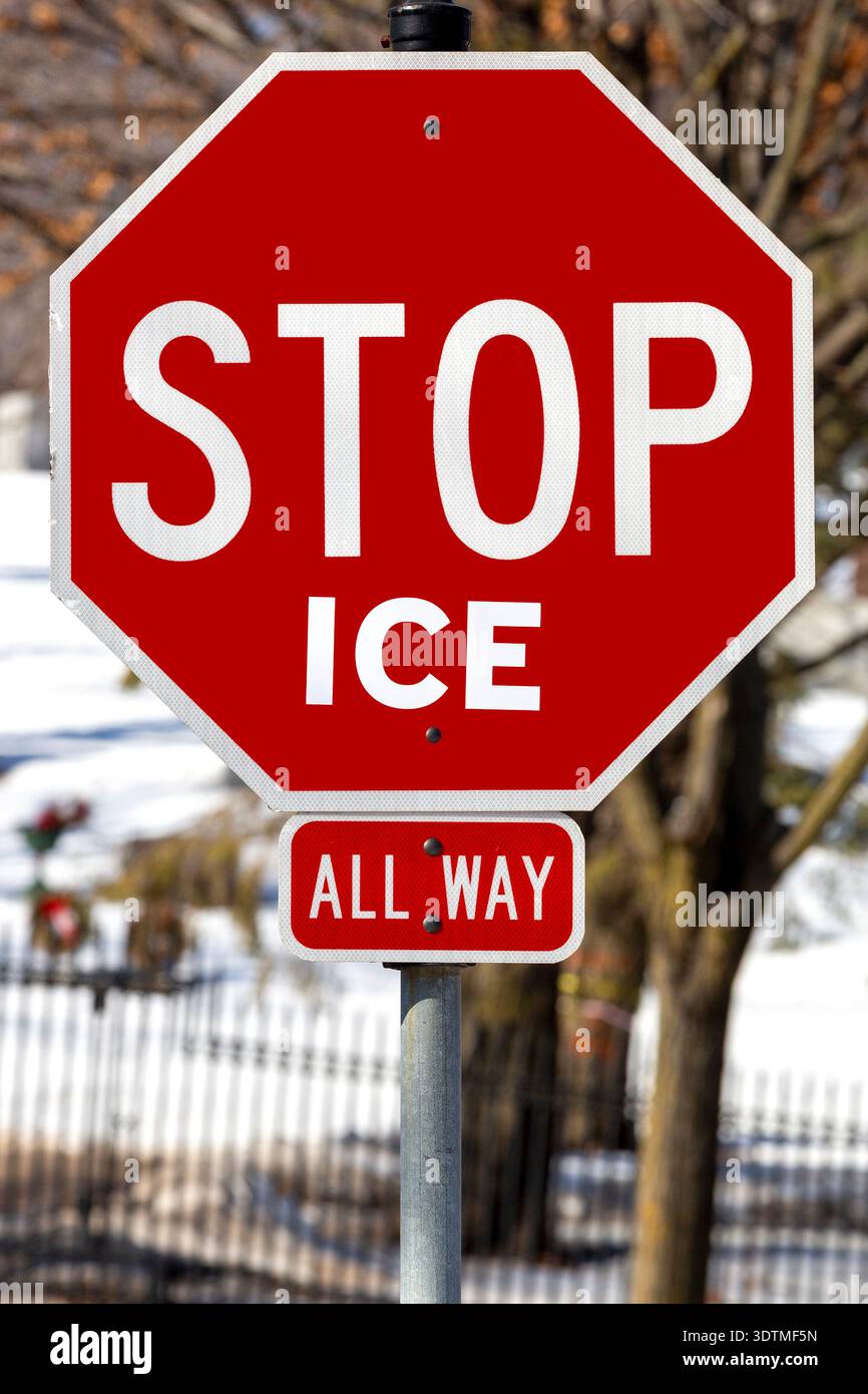 Altered red octagon stop sign with the words STOP ICE in reference to ...