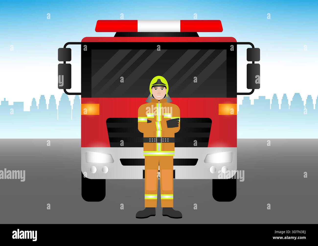 Firefighter Standing near Fire Truck. Vector Illustration Stock Vector ...