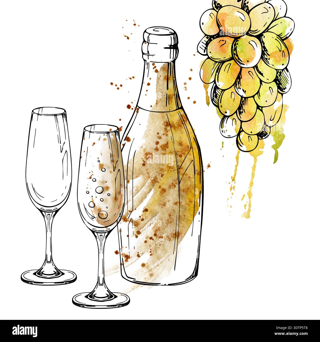 Sparkling wine bottle and tall flute glass, hanging muscat grape bunch ...