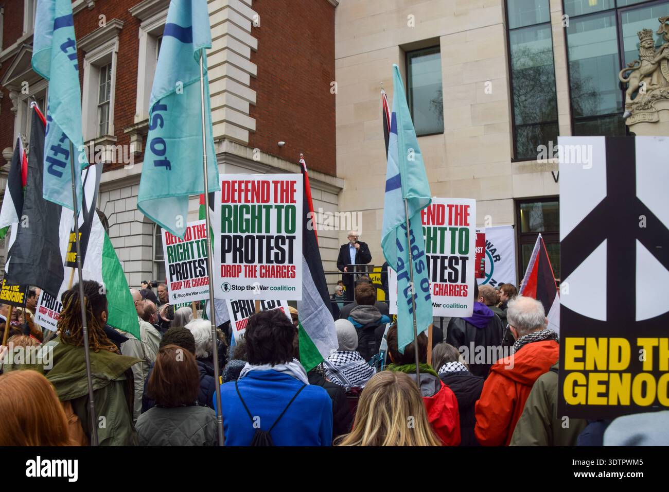 London, UK. 23rd February 2026. Jeremy Corbyn gives a speech outside ...