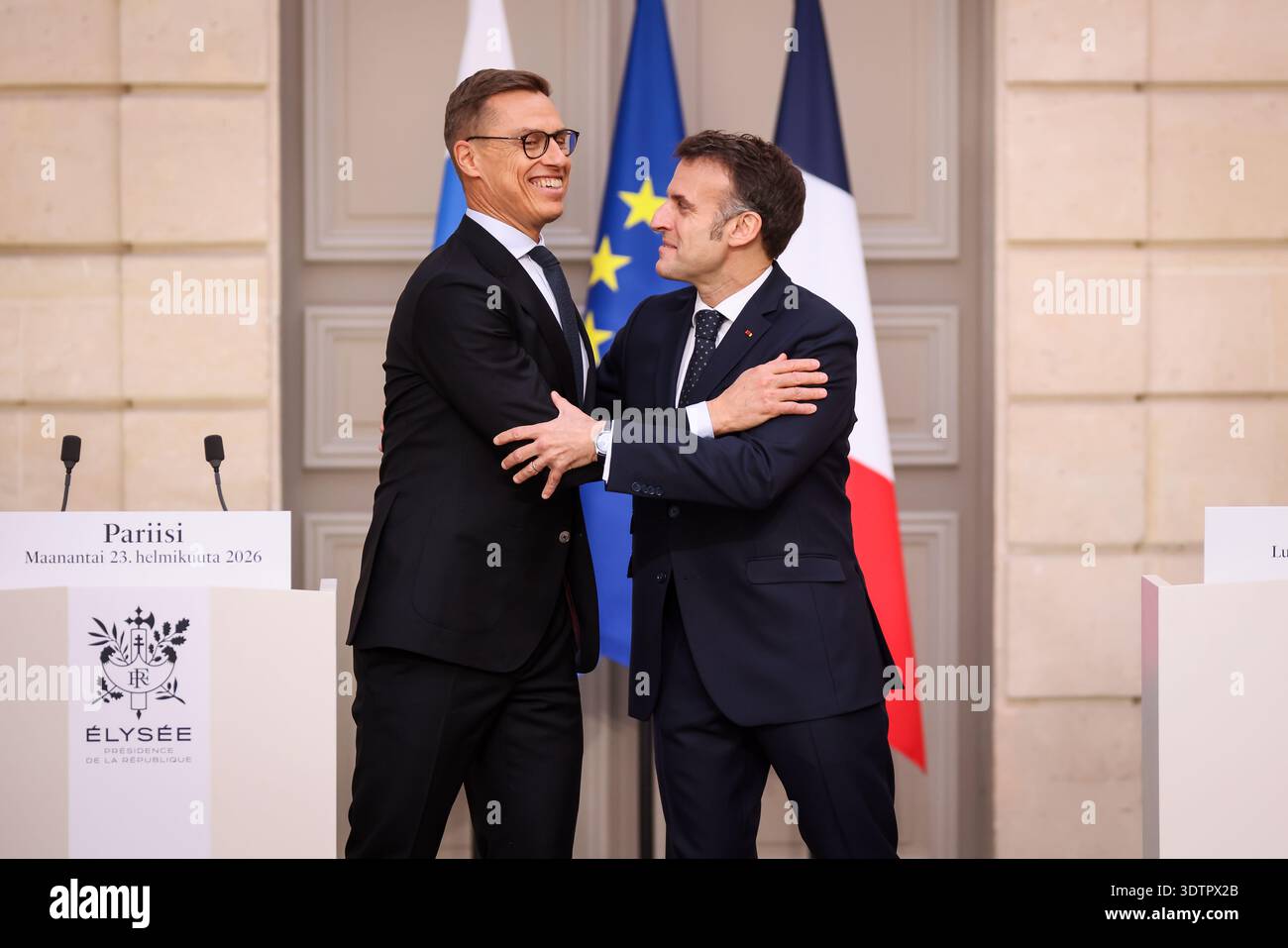 French President Emmanuel Macron, right, and Finland's President ...