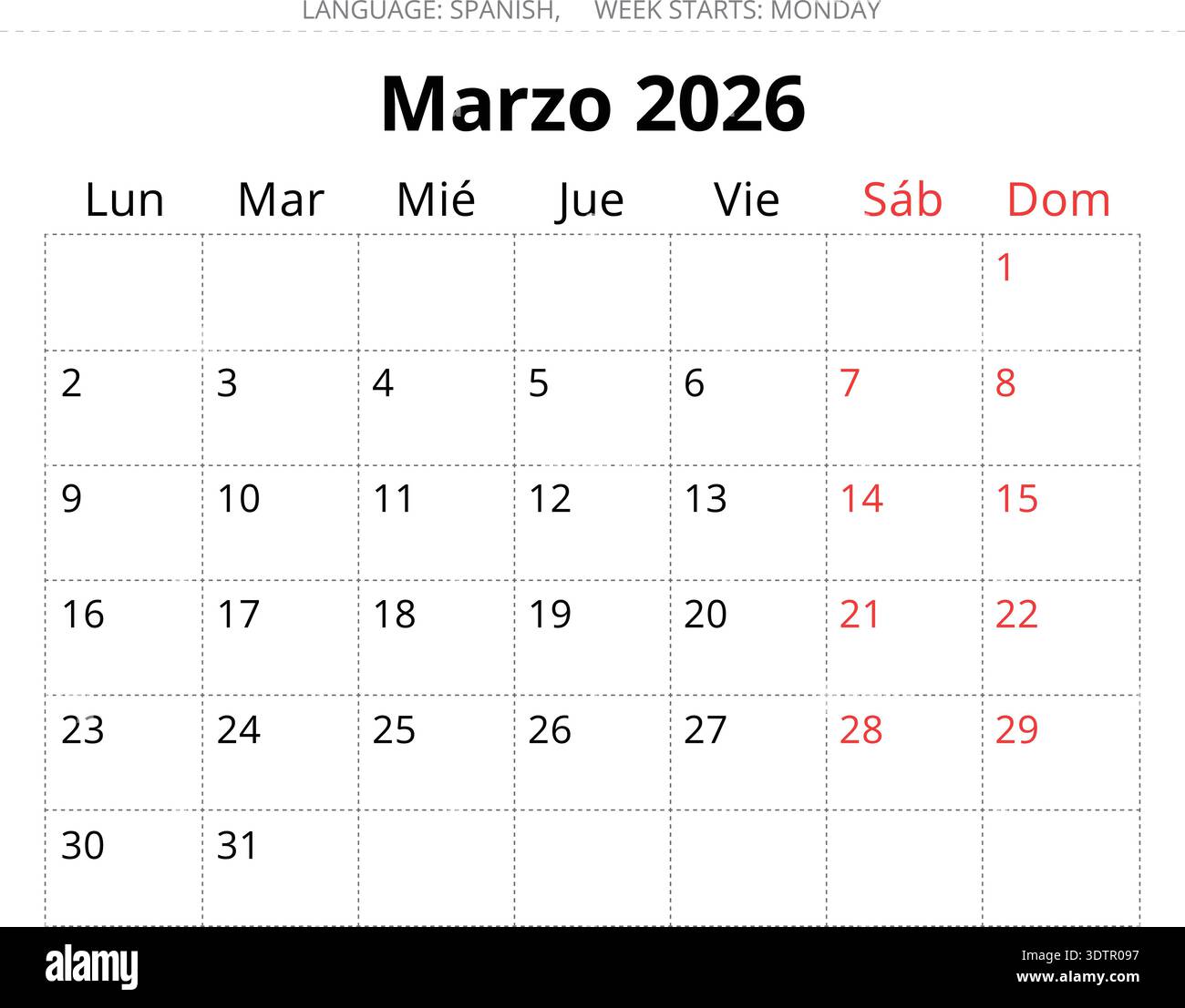2026 Spanish March calendar planner – Marzo. Vector illustration for ...