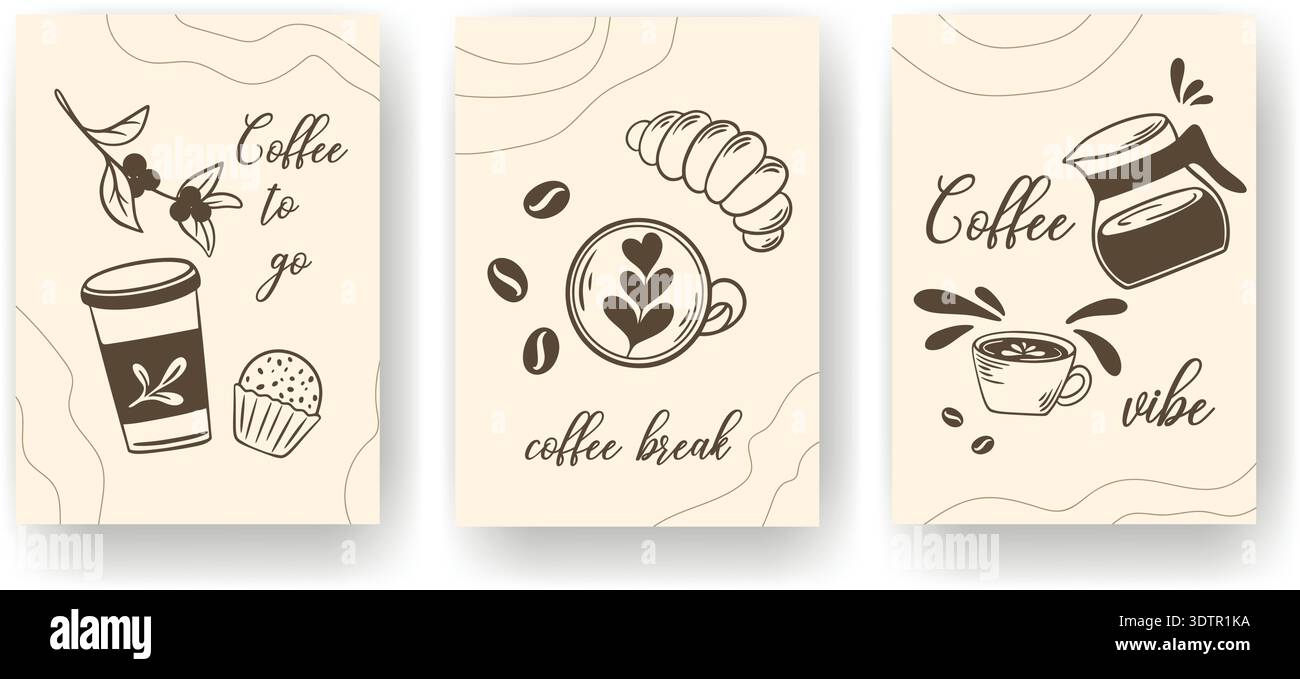 Set of hand drawn coffee themed posters. Card templates with text ...