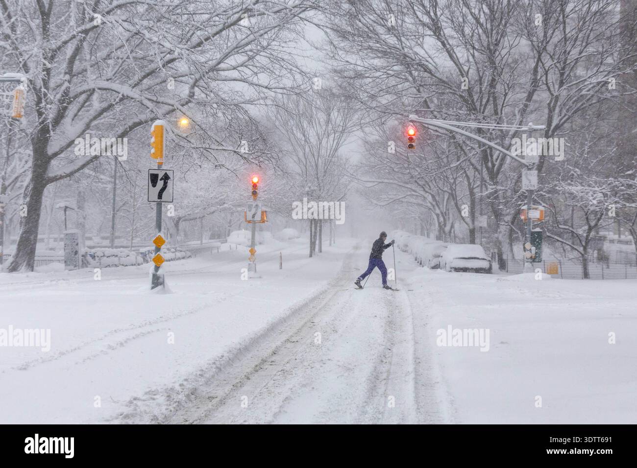 A cross country skiing is seen in the snow in Riverside Park during a ...