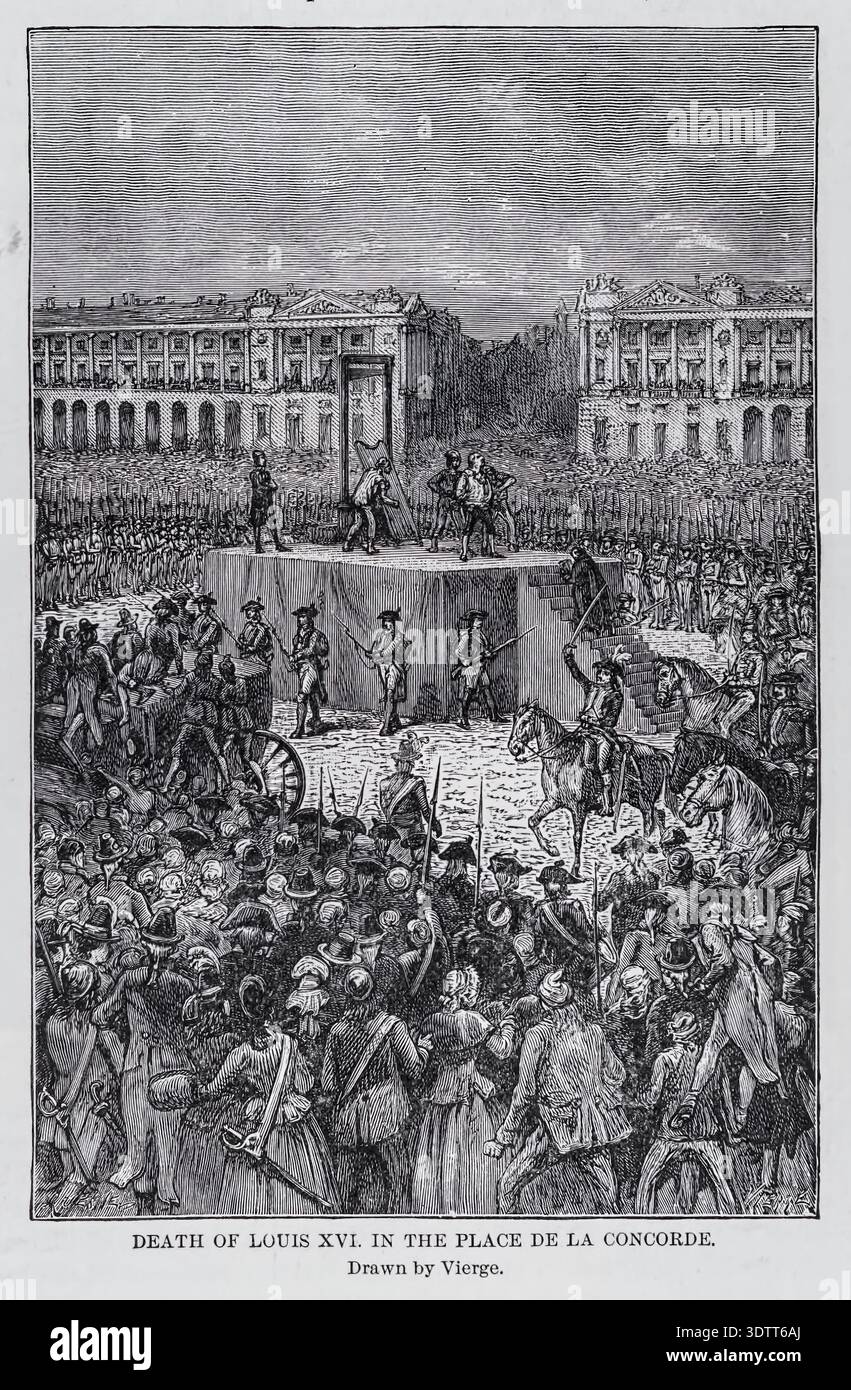 Louis XVI facing execution by guillotine, a large crowd witnessing the ...
