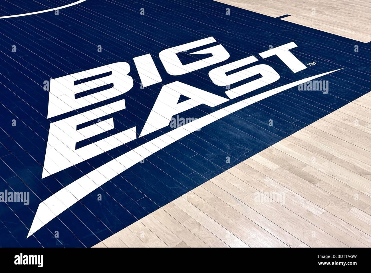 The Big East logo is seen on the UConn basketball court at Gampel ...