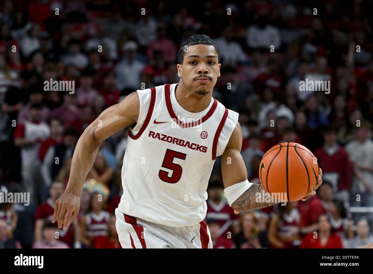 Arkansas guard Darius Acuff Jr. (5) runs a play against Missouri during ...