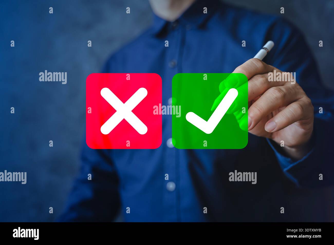 Business person selecting green check and red cross icons on a virtual ...