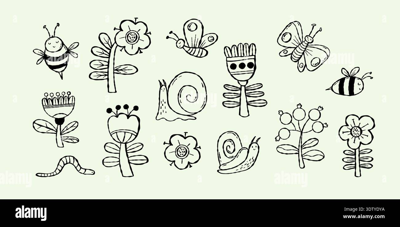 Outline Flowers, Garden and Insects Doodle. Botanical plants, bees ...