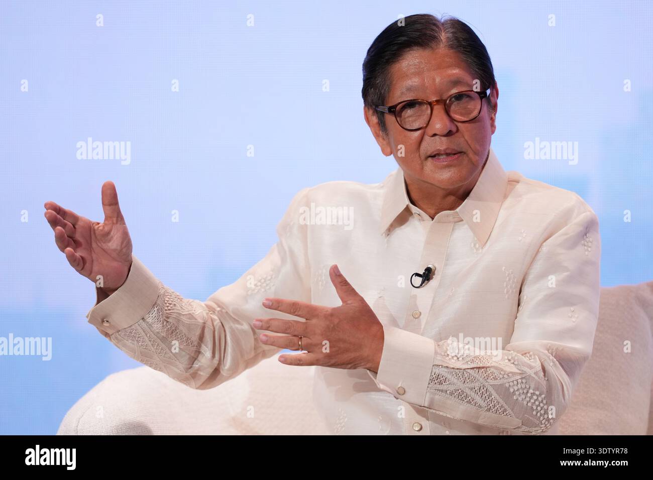 Philippine President Ferdinand Marcos Jr. gestures as he answers ...