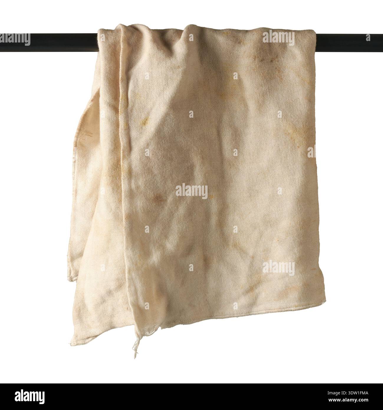 dirty light brown cloth draped over black bar isolated white background ...