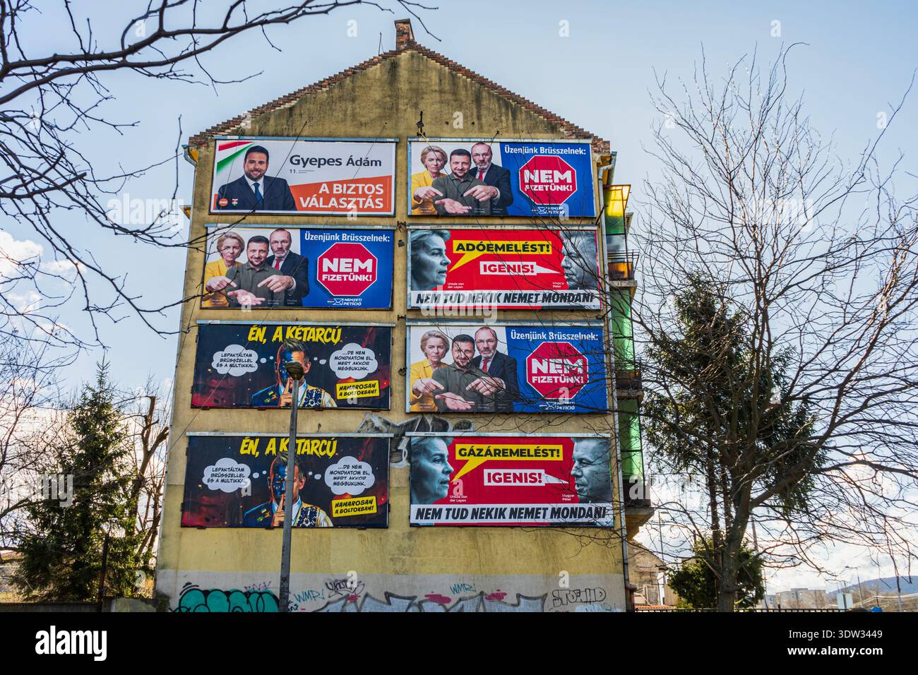 Building facade covered with Fidesz government propaganda posters ...