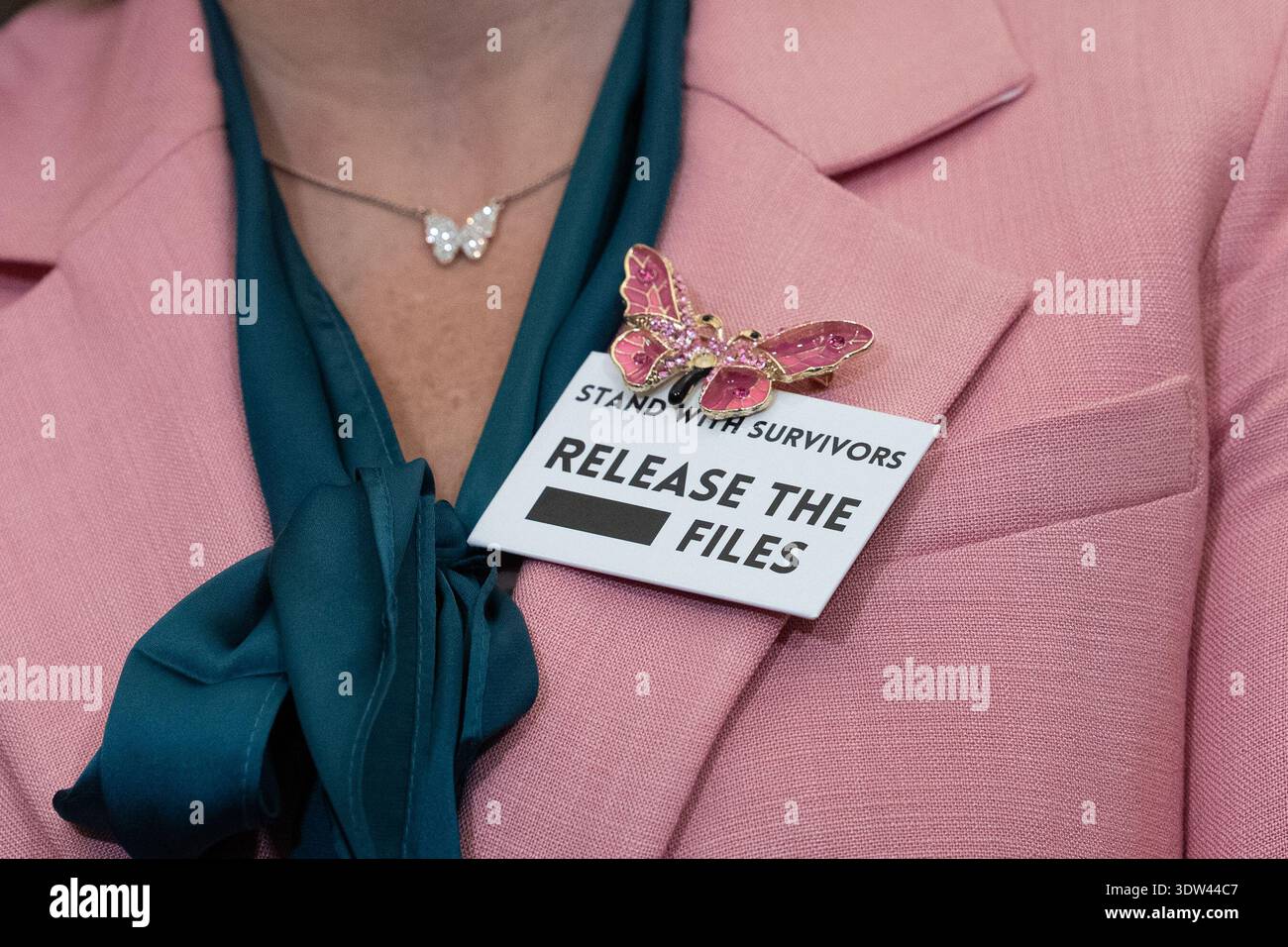 A survivor of Jeffrey Epstein wears a butterfly pin and a ‘release the ...