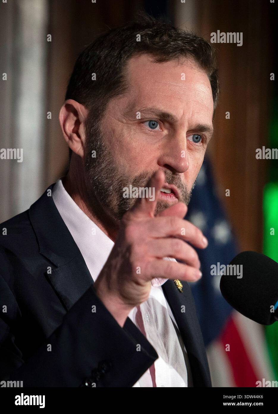 Rep. Jason Crow, D-Colo., speaks during a rebuttal to President Donald ...