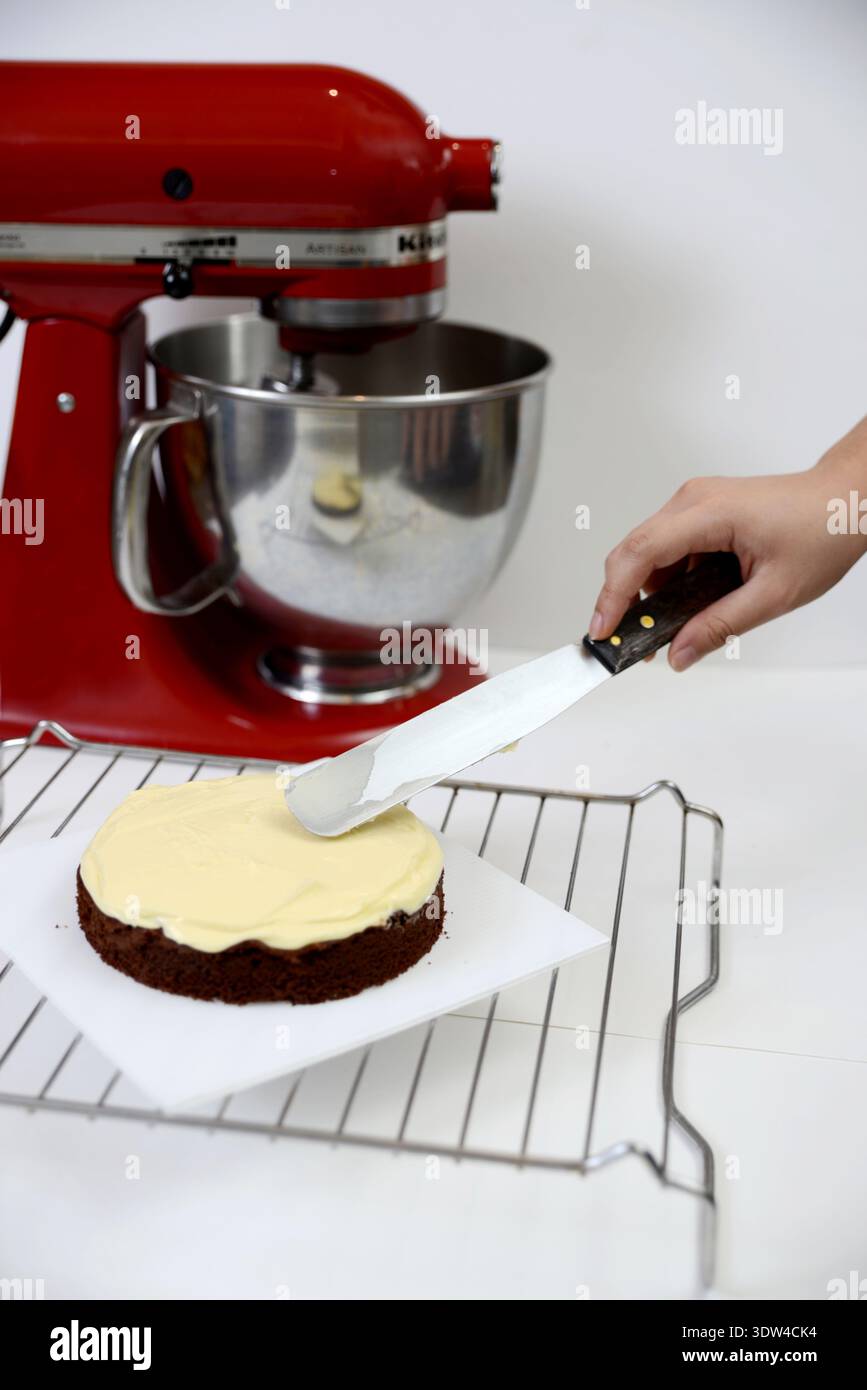 Professional baking process: Preparing artisanal cakes in a kitchen ...