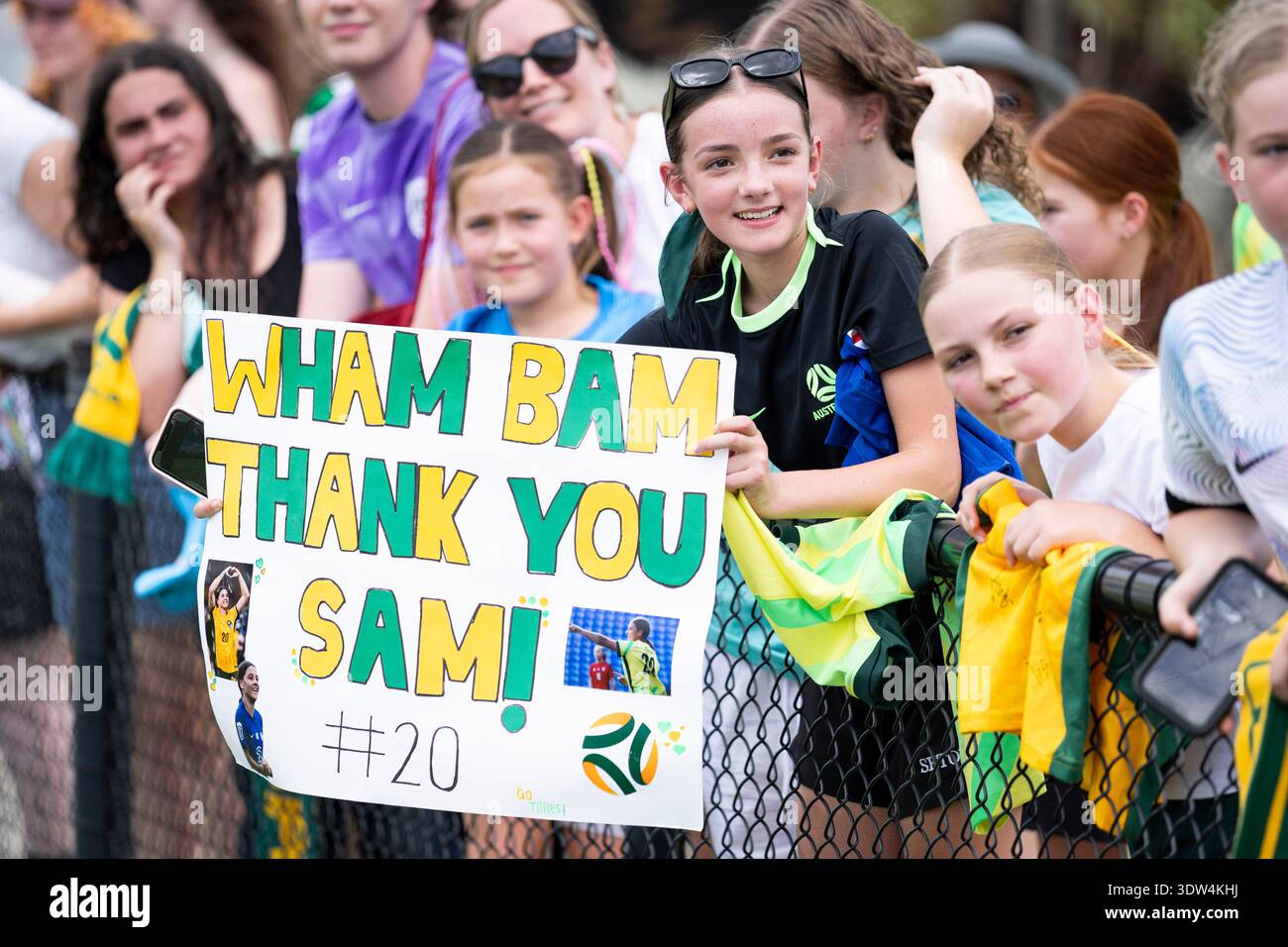 A Sam Kerr fan is seen during Matildas training session at Sam Kerr ...
