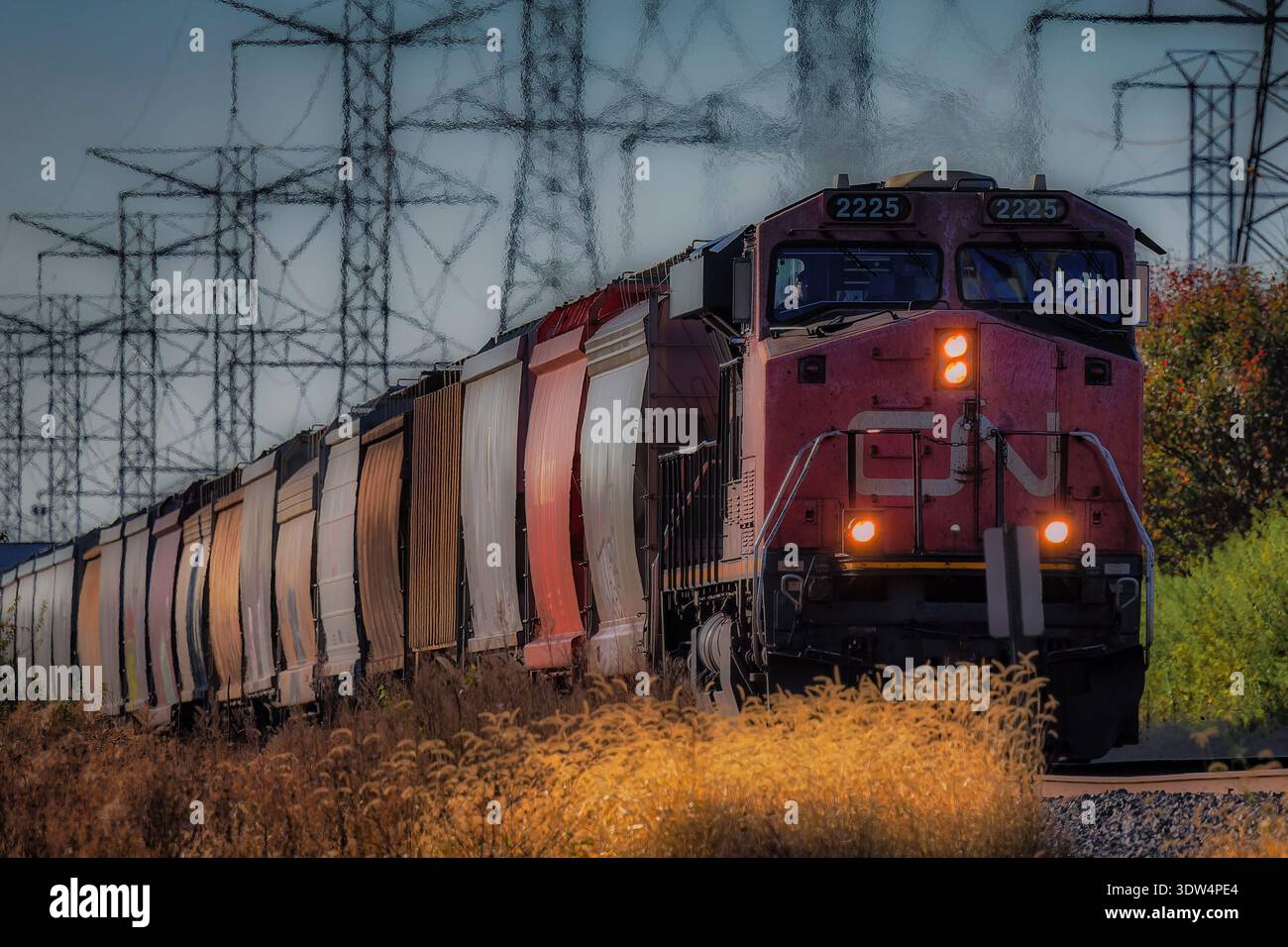 Canadian National freight train hauling cargo through industrial power ...