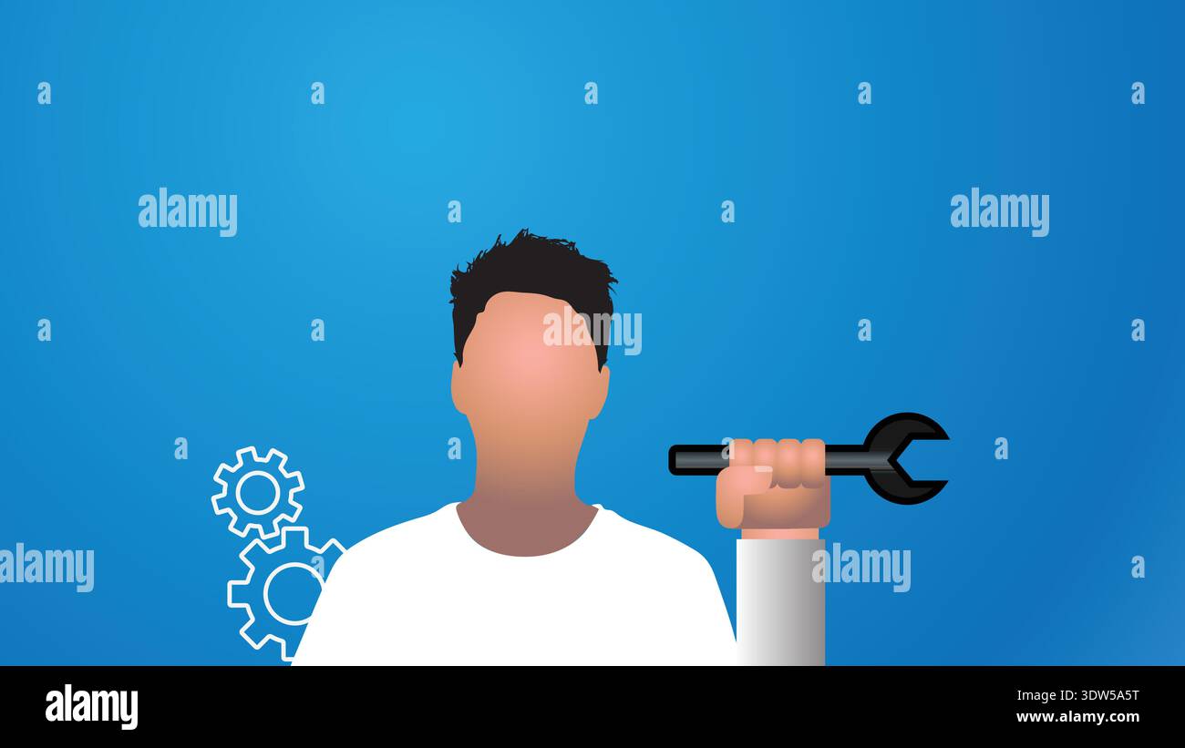 A person is holding a wrench in one hand with gears illustrated in the ...