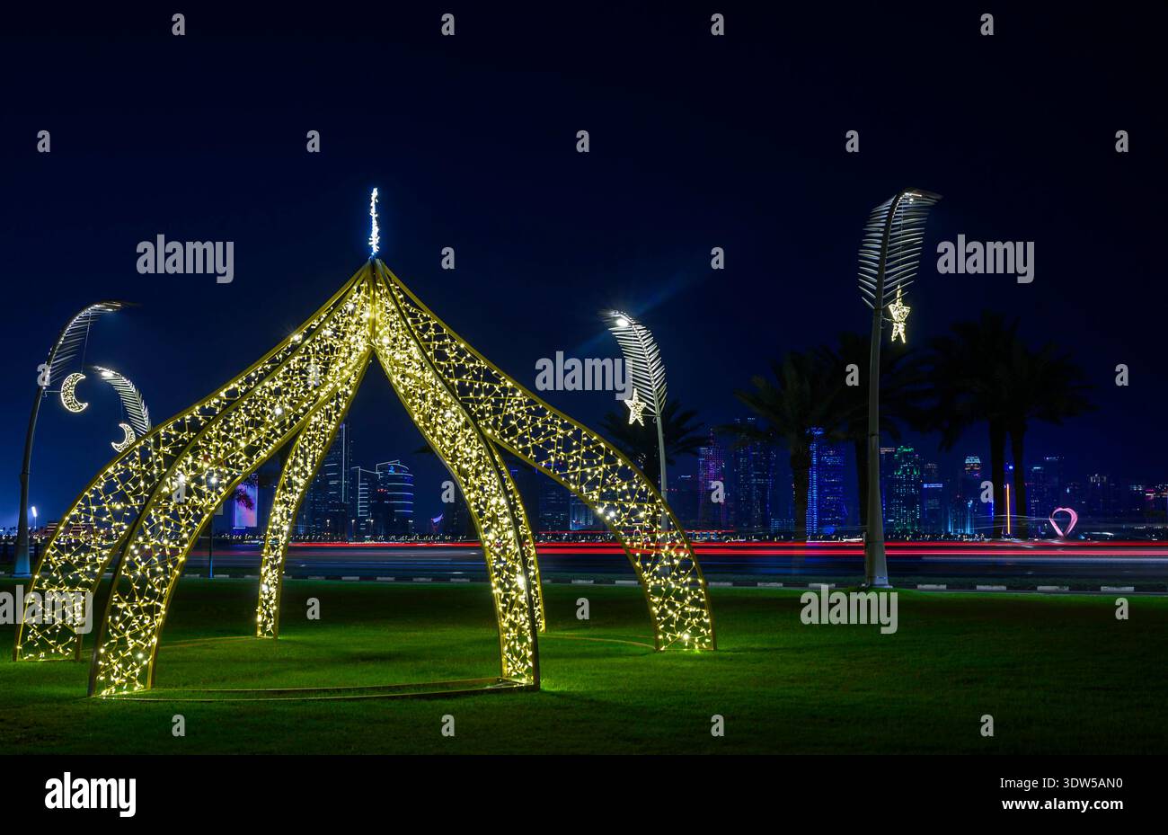 Ramadan lighting in Doha street. Illuminated Ramadan-themed light ...