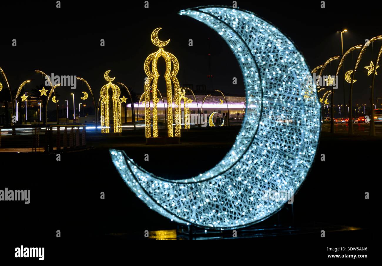 Ramadan lighting in Doha street. Ramadan-themed light decorations ...
