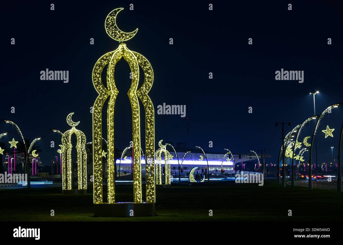 Ramadan lighting in Doha street. Ramadan-themed light decorations ...