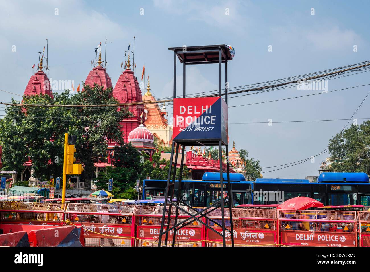 Delhi Police observation tower and red barricades on Chandni Chowk ...