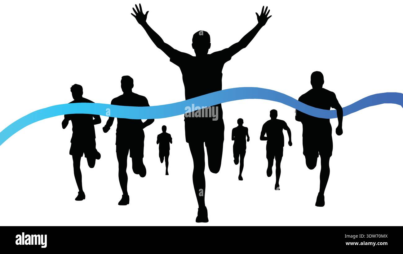 Marathon Runners Silhouette Crossing Finish Line with Victory Stock ...