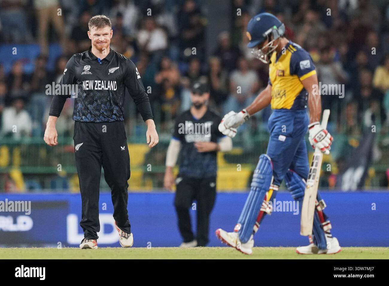 New Zealand's Glenn Phillips celebrates the wicket of Sri Lanka's ...