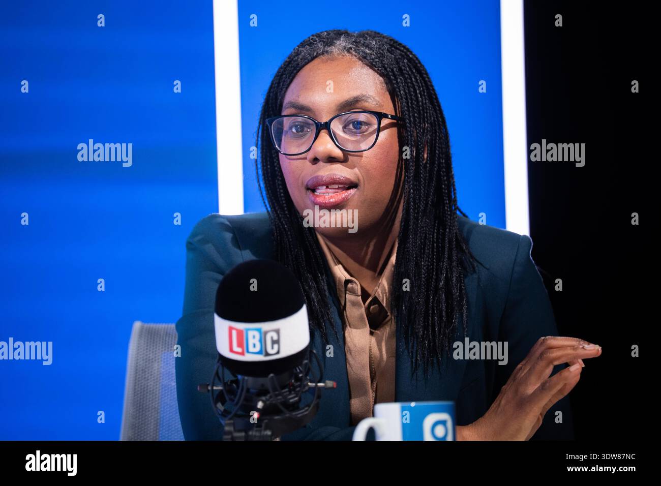 Conservative Party leader Kemi Badenoch takes part in a phone-in on LBC ...