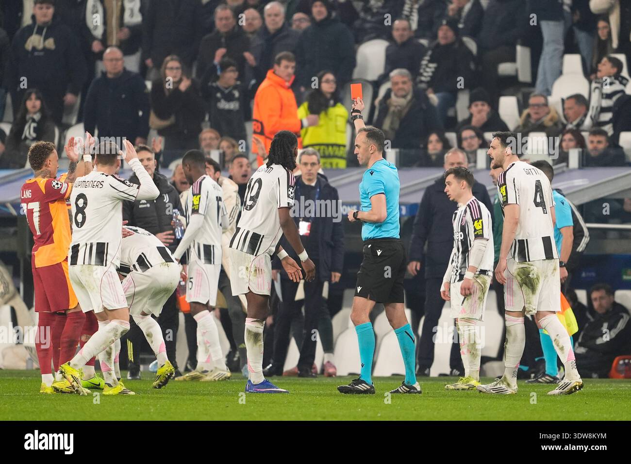 red card for Juventus' Lloyd Kelly during the Uefa Champions League ...