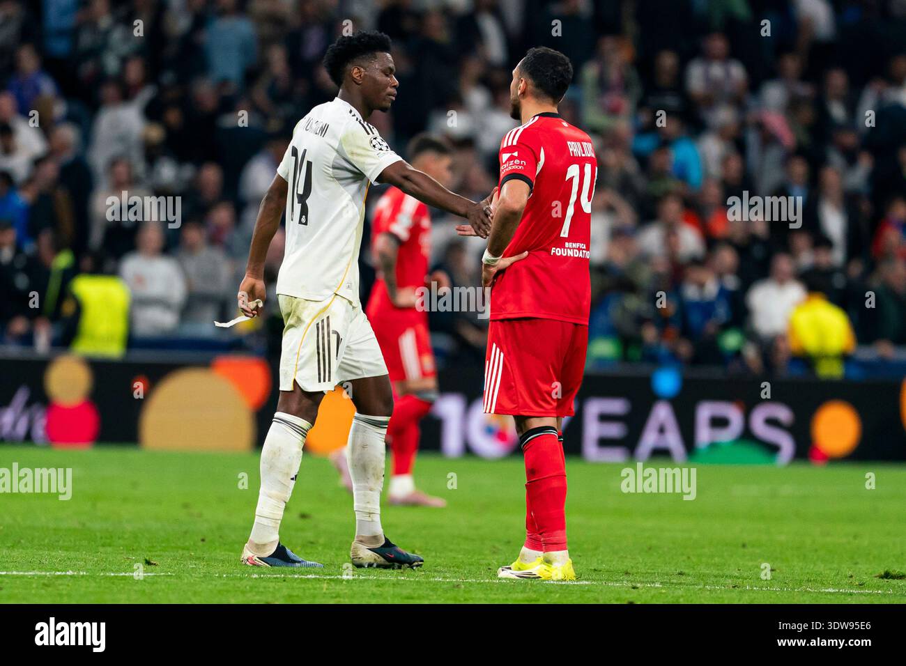 Real Madrid CF's Aurelien Tchouameni (l) and SL Benfica's Vangelis ...