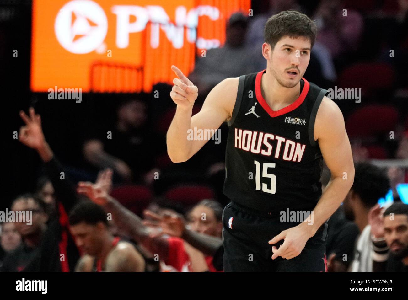 Houston Rockets guard Reed Sheppard reacts after making a 3-point ...
