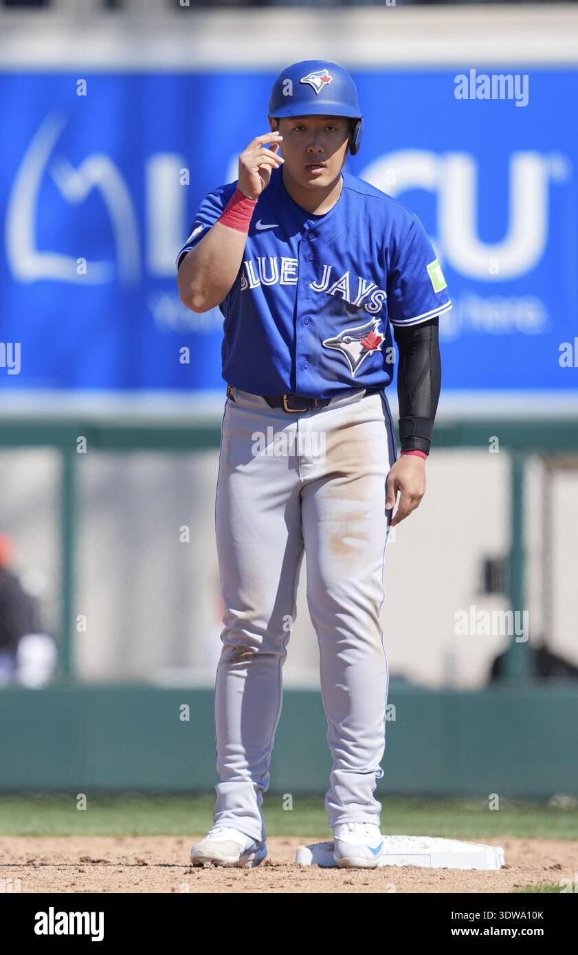 Toronto Blue Jays rookie Kazuma Okamoto is pictured after hitting a ...